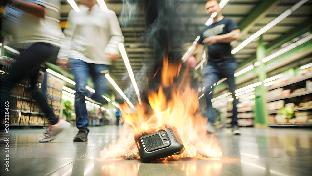 Vintage pager engulfed in fire and smoke on the floor, people running ...