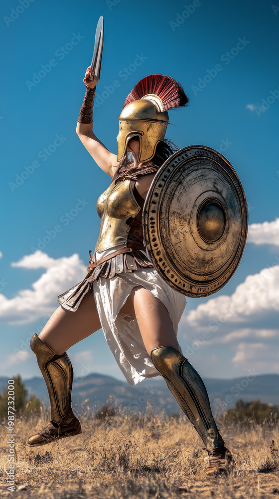 Female Greek Warrior in Combat Pose with Bronze Shield and Sword Under ...