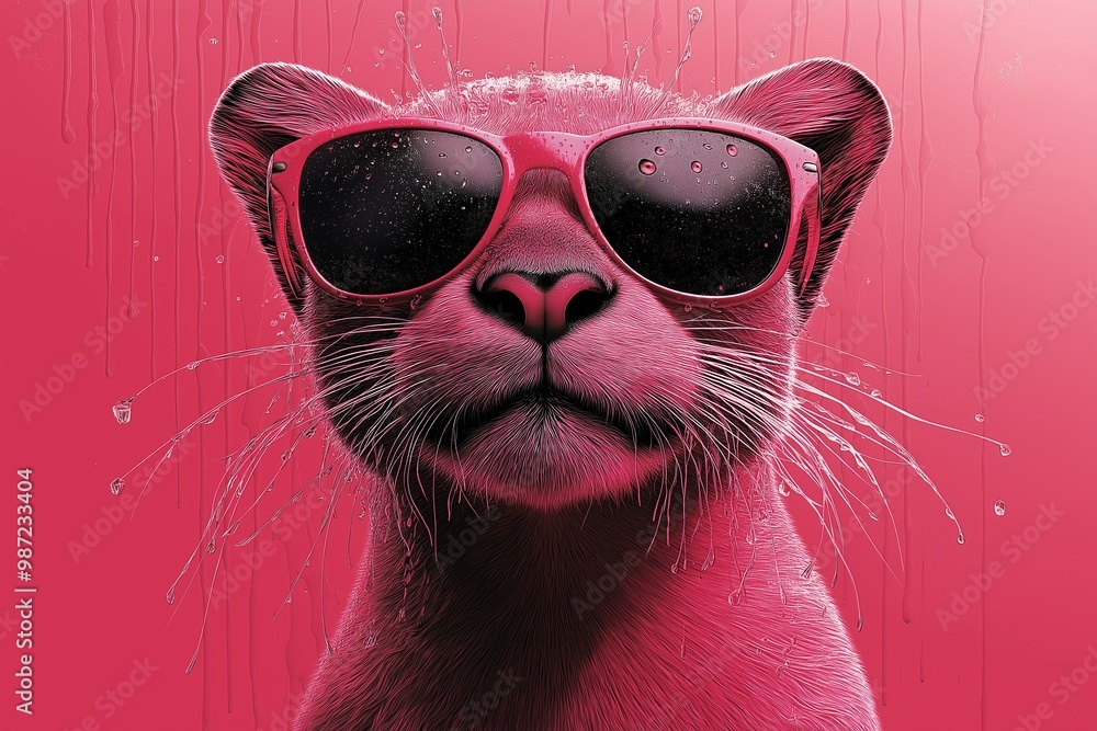 Cat wearing sunglasses and standing on a pink background. The ...