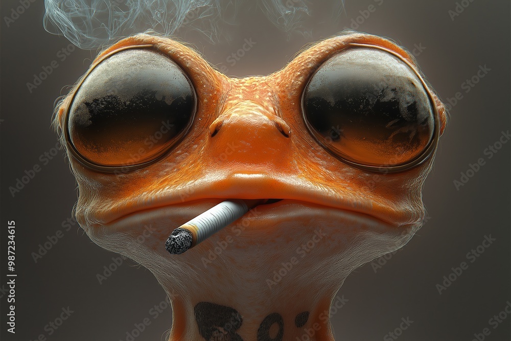 Frog is smoking a cigarette. The cigarette is black and the smoke is ...