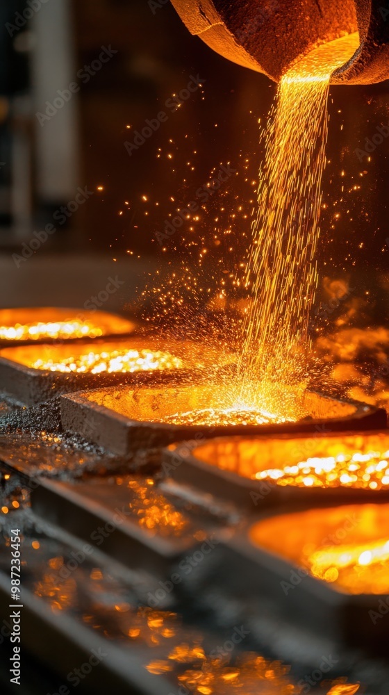 Miners inside a gold refinery, molten gold being poured into molds ...