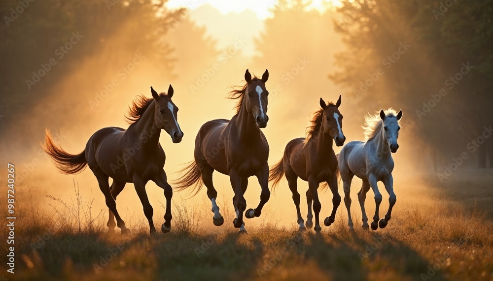 Four horses running free in a field at sunrise, a symbol of freedom and ...