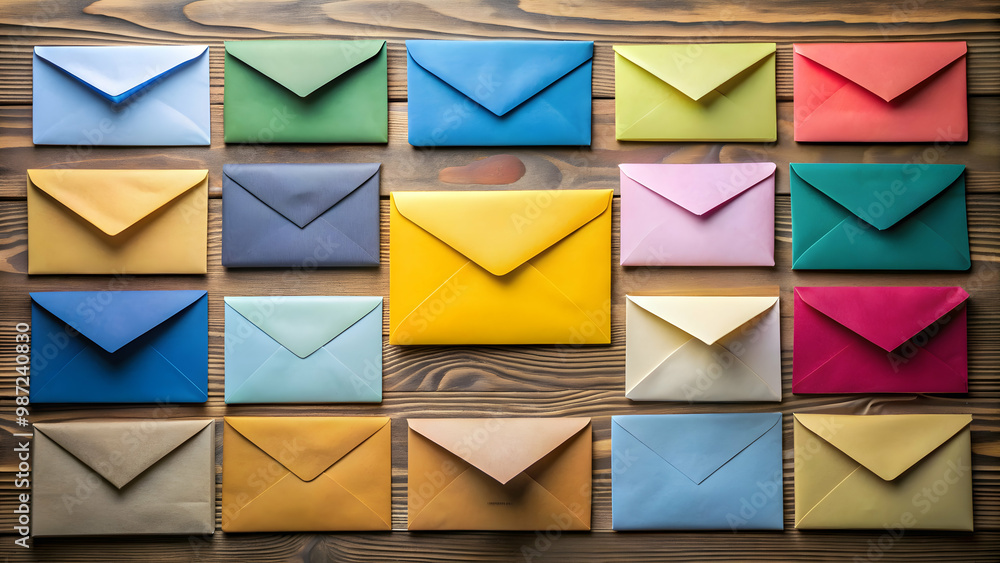 Various envelopes of different sizes and colors spread out on a table ...