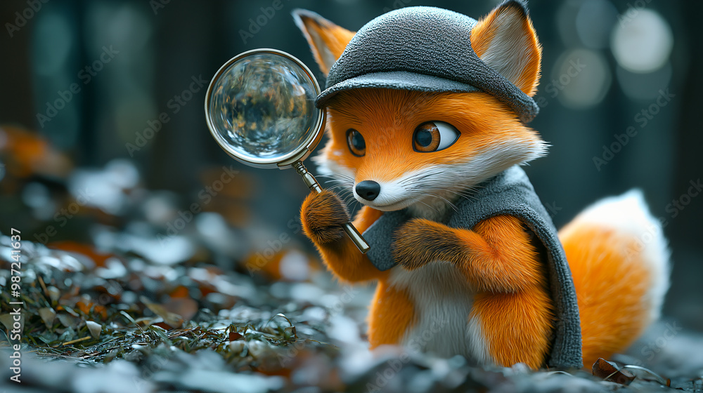 3D cartoon of a fox wearing a detective hat and a magnifying glass in a ...