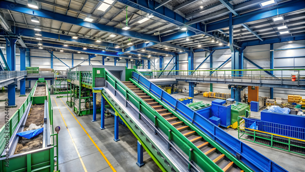Modern recycling facility with automated sorting machines and conveyor ...