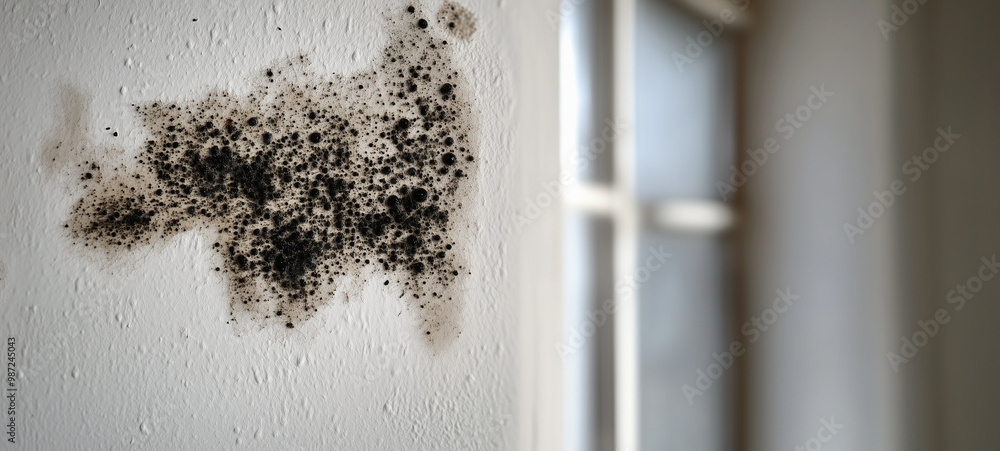 Black mold on a white wall in a home interior, with the focus on small ...