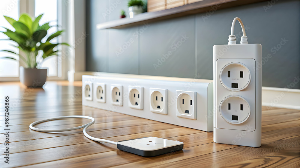 Wi-fi smart sockets plugged into a power strip in a modern smart home ...