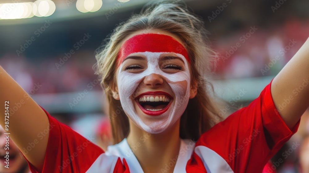 Joyful woman with bright red and white face paint embodying the England ...