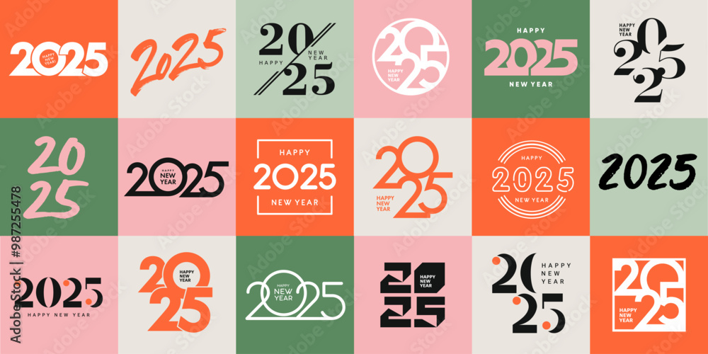 Big Set of 2025 Happy New Year logo text design. 2025 number design ...