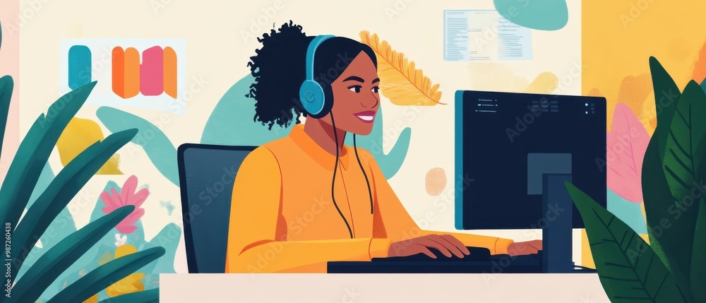 Indigenous woman working in a call center with colorful cultural ...