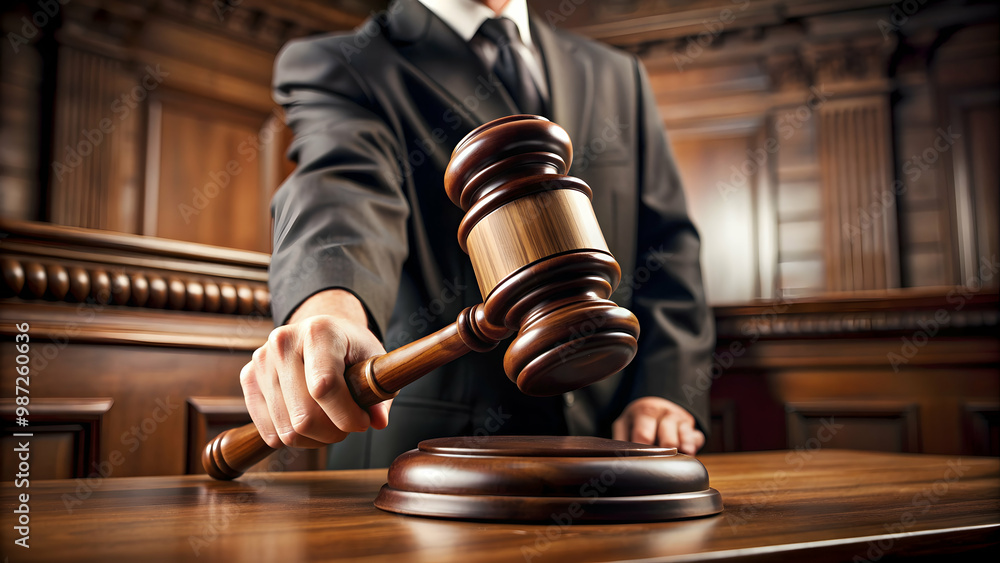 Dynamic image of a judge striking a gavel in a courtroom setting, judge ...