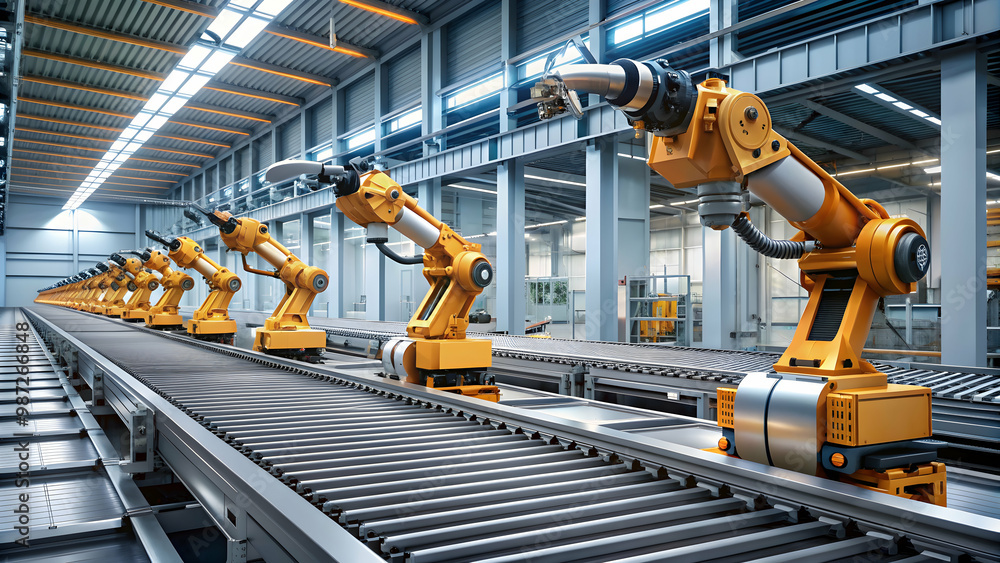 AI robots shaping metal parts on conveyor belt in modern industrial ...