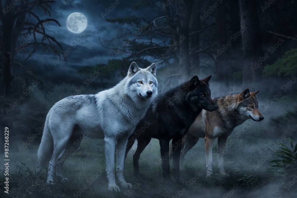 Wolf pack at night in the forest woods clearing. Full moon lighting the ...