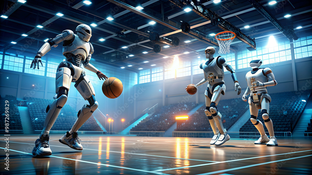 Robots playing basketball on a futuristic court , technology, sports ...