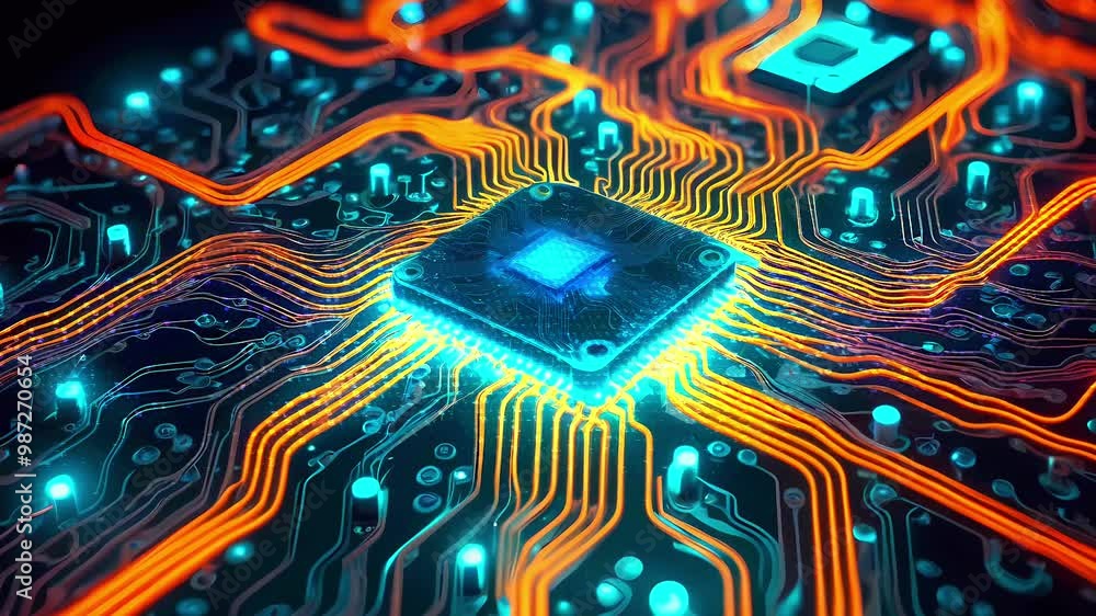 A detailed close-up of an electronic circuit board featuring a central ...