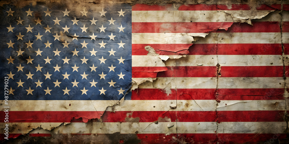 Damaged and dirty American flag , distressed, grungy, torn, tattered ...