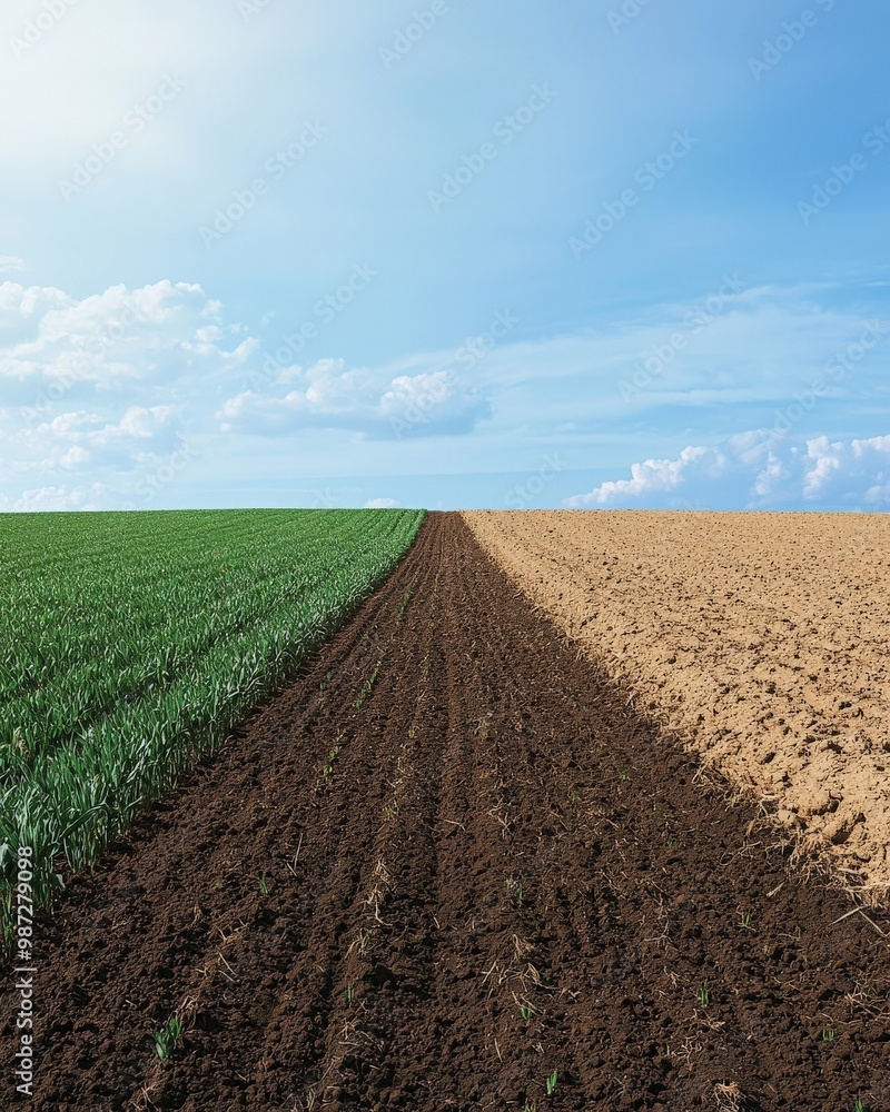 A field where one side is plowed and ready for planting, representing ...