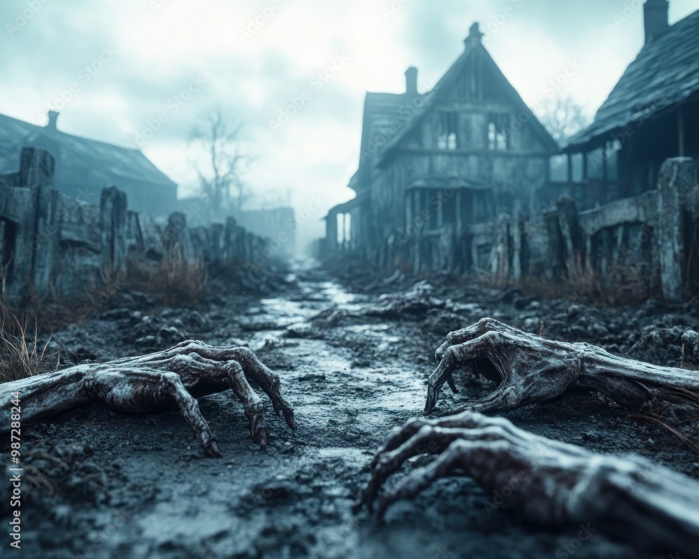 Eerie Graveyard Scene Undead Rise, Cold Hands Clawing at Earth, Fog ...