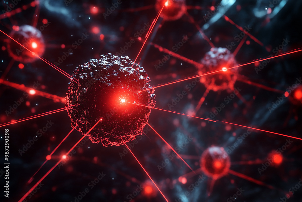 Cancer cells with glowing red, laser-like crosshairs and connections ...