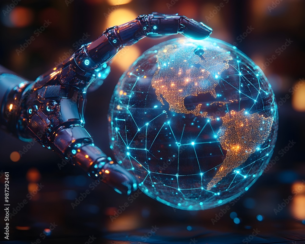 a robotic hand reaching out and lightly touching a glowing digital ...