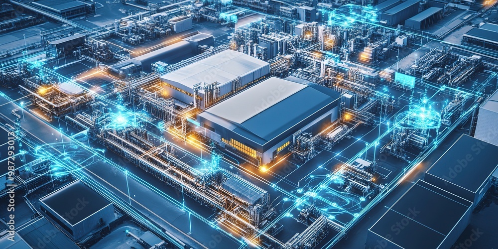Aerial view of a smart factory equipped with IoT devices and automated ...