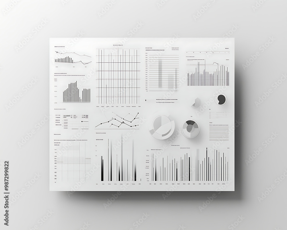 Minimalist data grid with bar and line charts, monochrome Stock ...