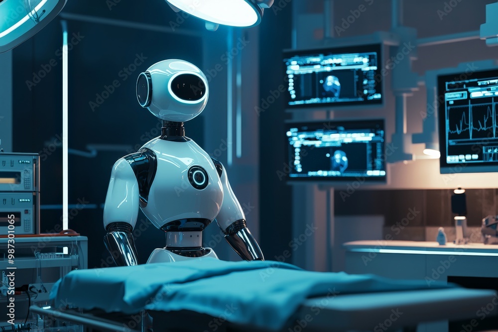 A healthcare setting where robots help doctors with surgeries ...