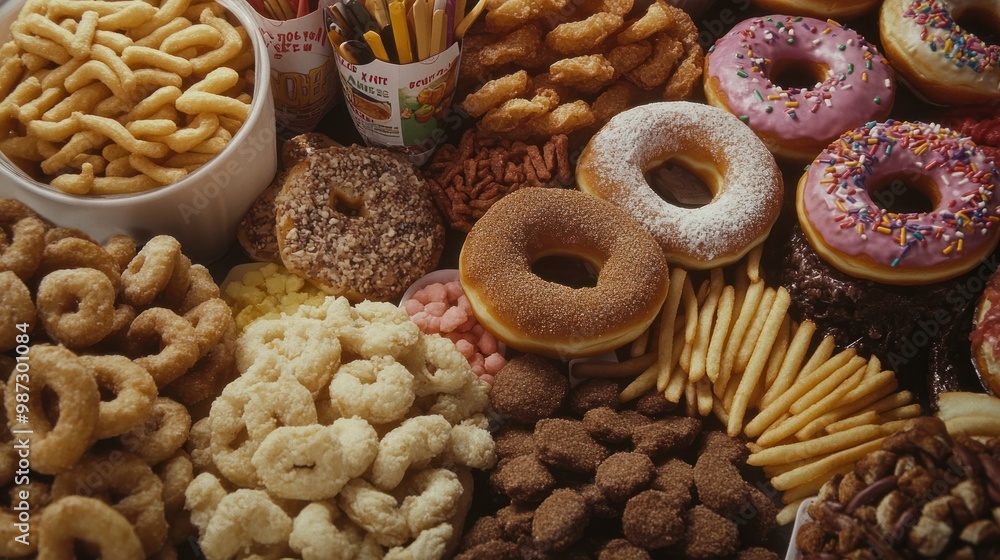 A display of trans fat foods, from donuts to fried snacks, emphasizing ...