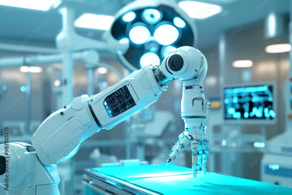A healthcare setting where robots help doctors with surgeries ...