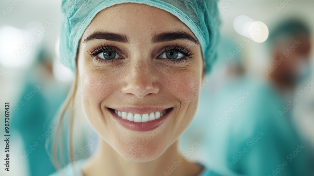 A surgeon, confident in blue scrubs and a surgical cap, smiles warmly ...