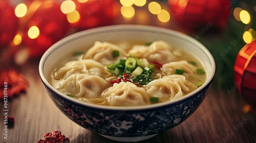Chinese wonton soup (Hun Dun Tang) in a bowl with Chinese New Year ...