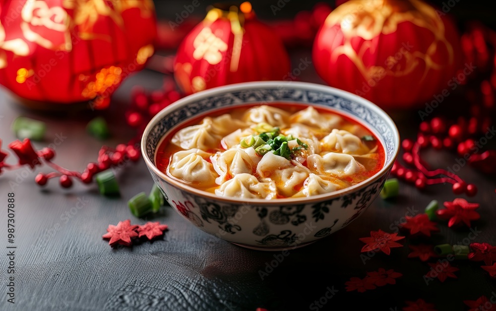 Chinese wonton soup (Hun Dun Tang) in a bowl with Chinese New Year ...