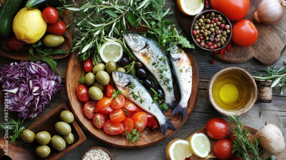 A Mediterranean diet spread with olives, fish, whole grains, and fresh ...