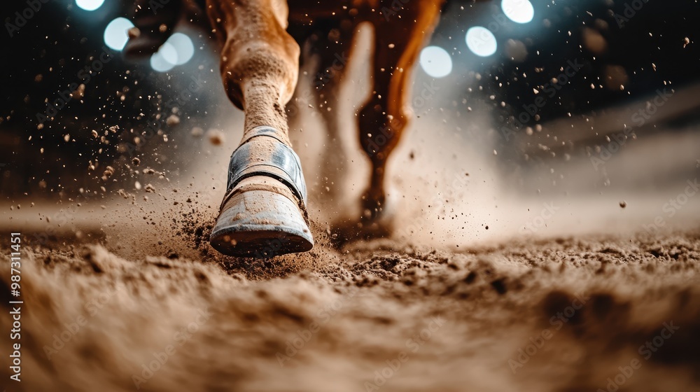 This shot captures a close-up view of a horse’s hoof kicking up dirt ...
