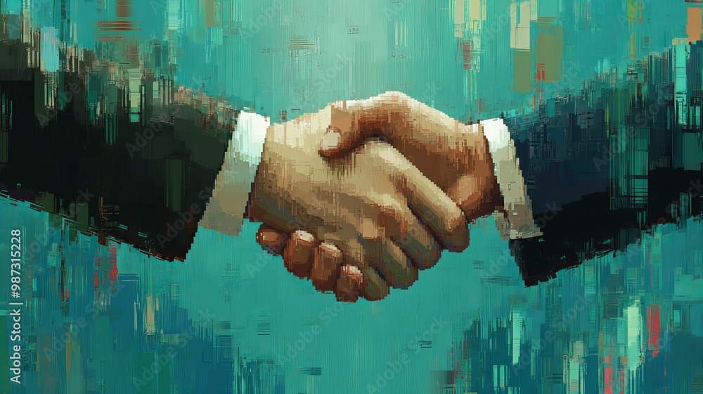 pixelated handshake between two professionals, retro vive of the 90s ...