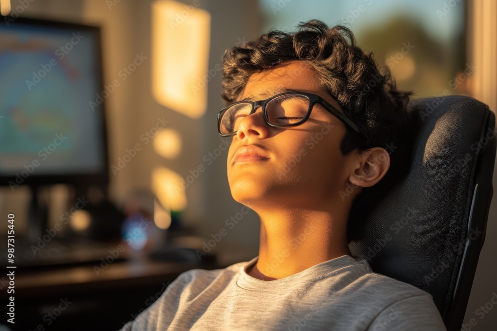 Calm Teenage Boy Practicing Deep Breathing for Anxiety Relief at School ...