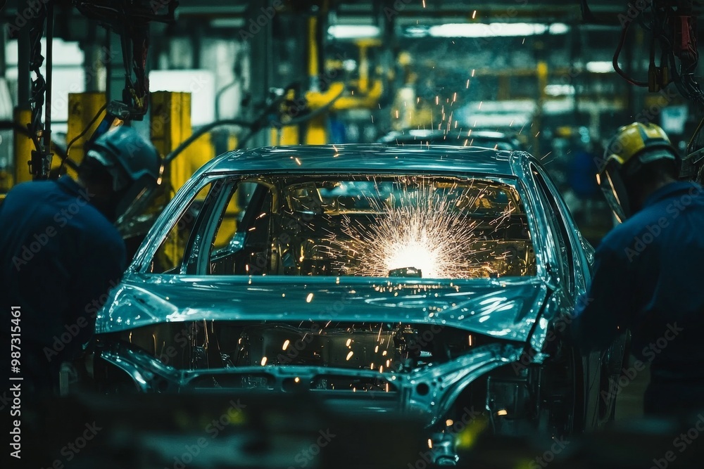 Car production line workers working on car bodies in a factory, with ...