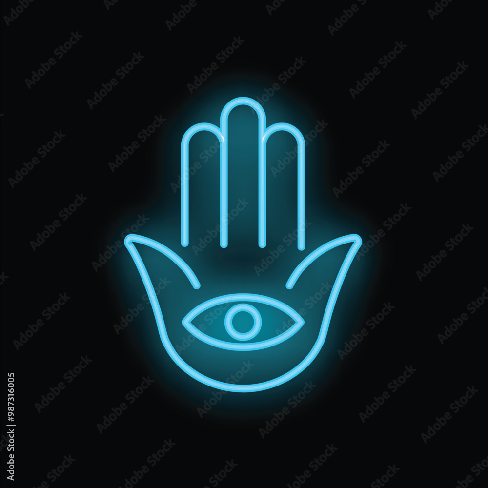 Glowing neon hamsa hand sign with an eye in the center, a symbol of ...