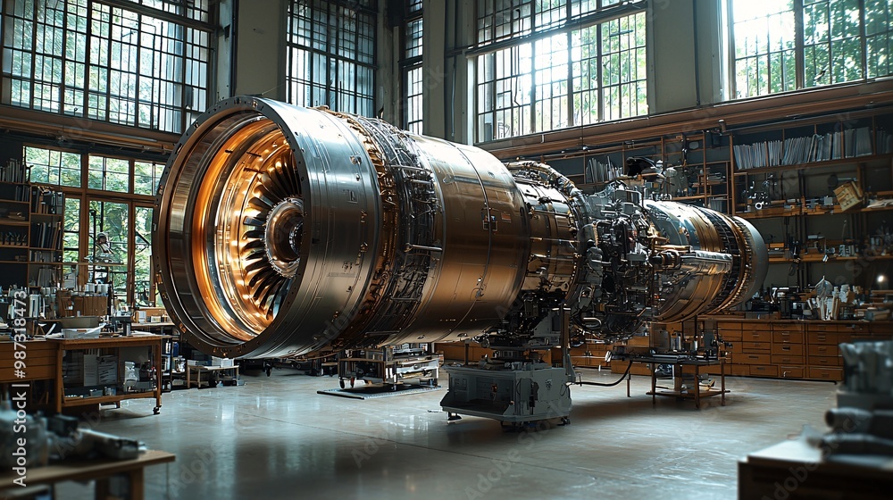 Technicians in a workshop planning the construction of a jet engine ...