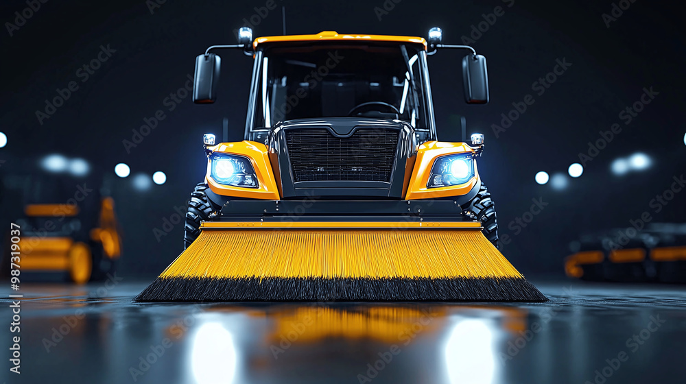 the front view of an industrial street sweeper with two large yellow ...