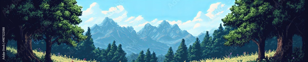 8bit retro background banner with green landscape, concept digital 80s ...