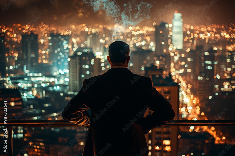 A mafia boss standing on a balcony overlooking a city at night, cigar ...