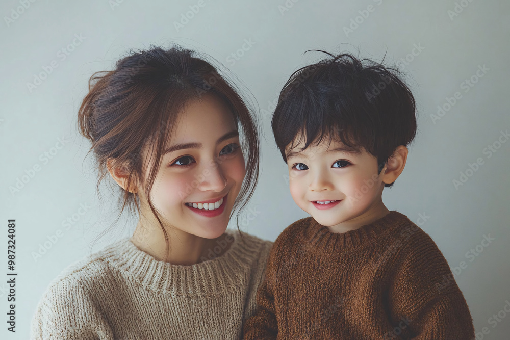 Young Japanese mother holding her cute young son, both looking into the camera, in front of a ...