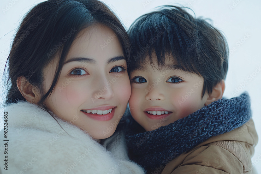 Young Japanese mother holding her cute young son, both looking into the camera, in front of a ...
