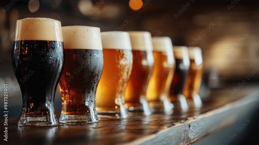 This image displays a row of various types of beers placed on a rustic ...
