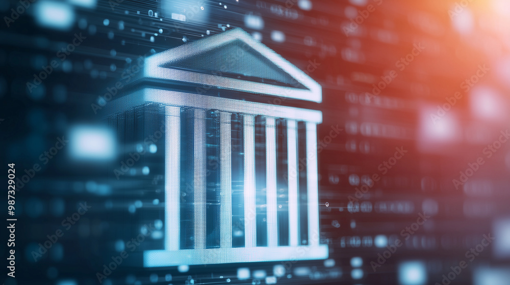 minimalist bank icon set against a vibrant digital background filled ...