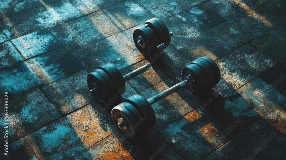 Two heavy dumbbells placed on a gym floor, with the gritty texture of ...