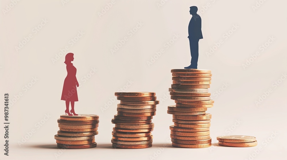 Gender pay gap inequality. Business man and woman on a stack of coins ...