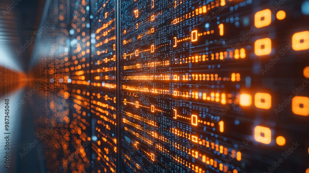 A digital wall of binary code, glowing in blue and orange hues ...