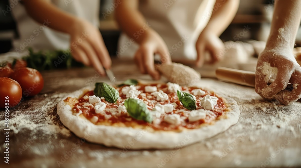 Individuals work together to prepare a fresh pizza on a flour-dusted ...